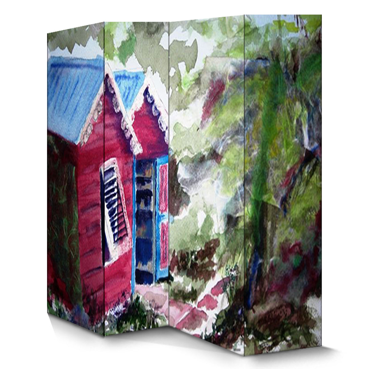 Red Shack Folding Room Divider – 3 or 4 Panel Art Screen by Livacious Lu®